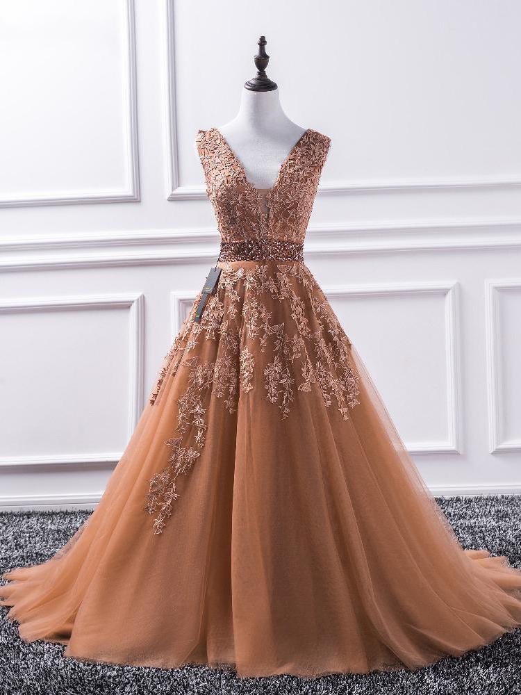 Chic Brown Prom Dress A-line V-neck Applique Long Prom Dress Evening ...
