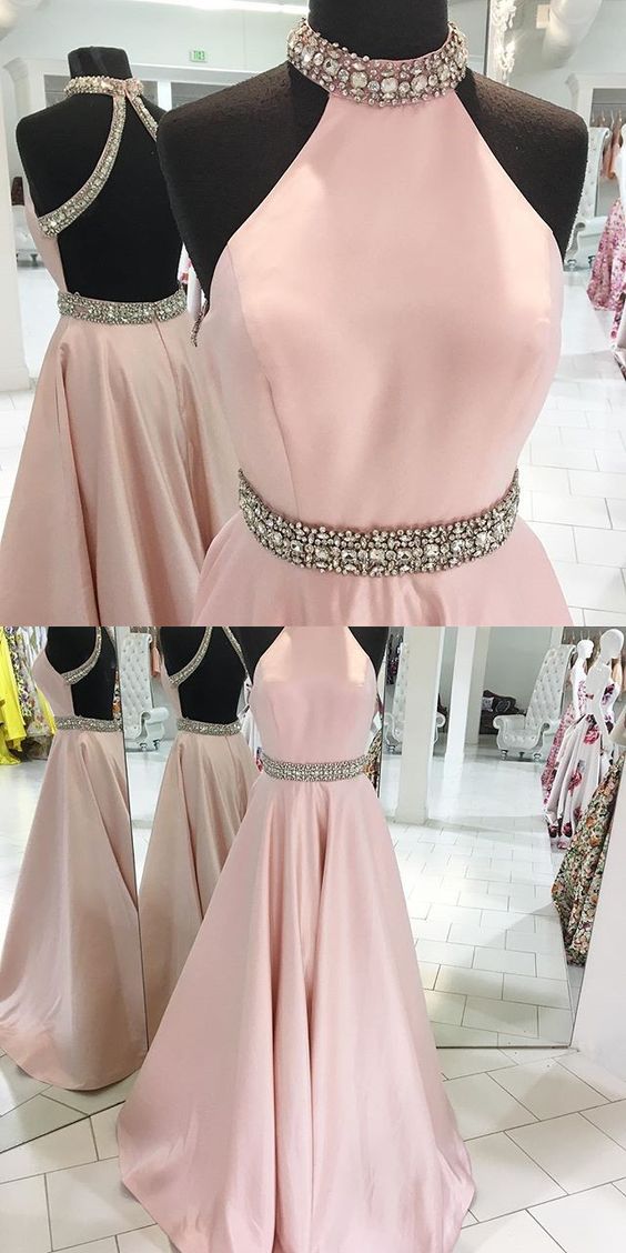 Pink Backless Prom Dresses,halter Prom Dresses,simple Handmade Prom ...