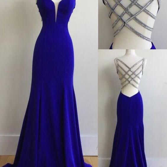 Sexy Mermaid Spaghetti Straps Royal Blue Long Prom Dress With Beading