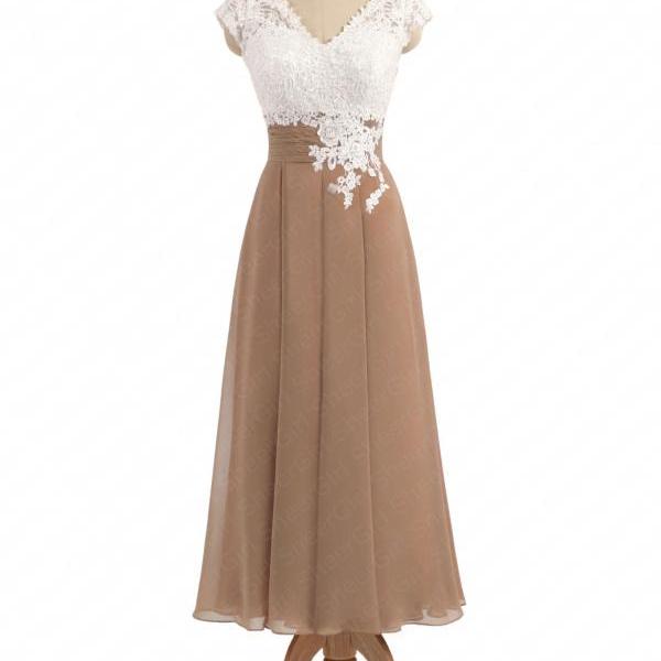A Line V Neck Ivory Lace Top Tea Length Chiffon Bridesmaid Dresses
