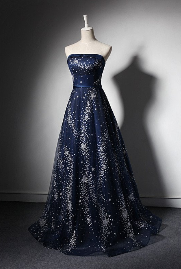 P3794 A Line Long Tulle Strapless Prom Dress With Star Sequins on Luulla