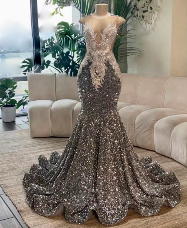 P3629 Modest Prom Dresses, Sparkly Gray Prom Dresses, Lace Applique ...