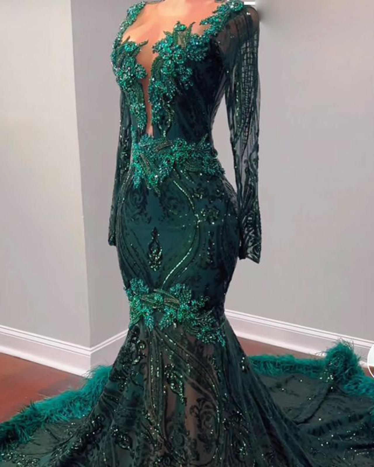 P3632 Emerald Green Prom Dresses, Long Sleeve Prom Dresses, Sparkly ...