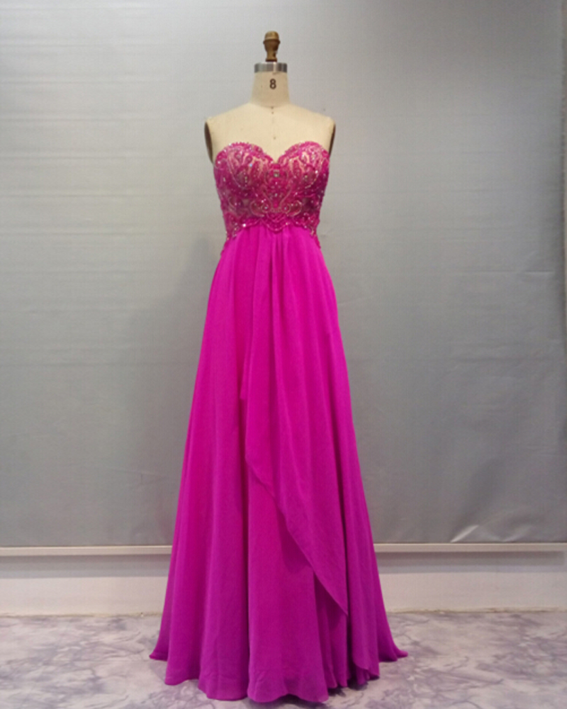 Vintage Fuschia Prom Gowns Long Sweetheart Chiffon Beaded Evening ...